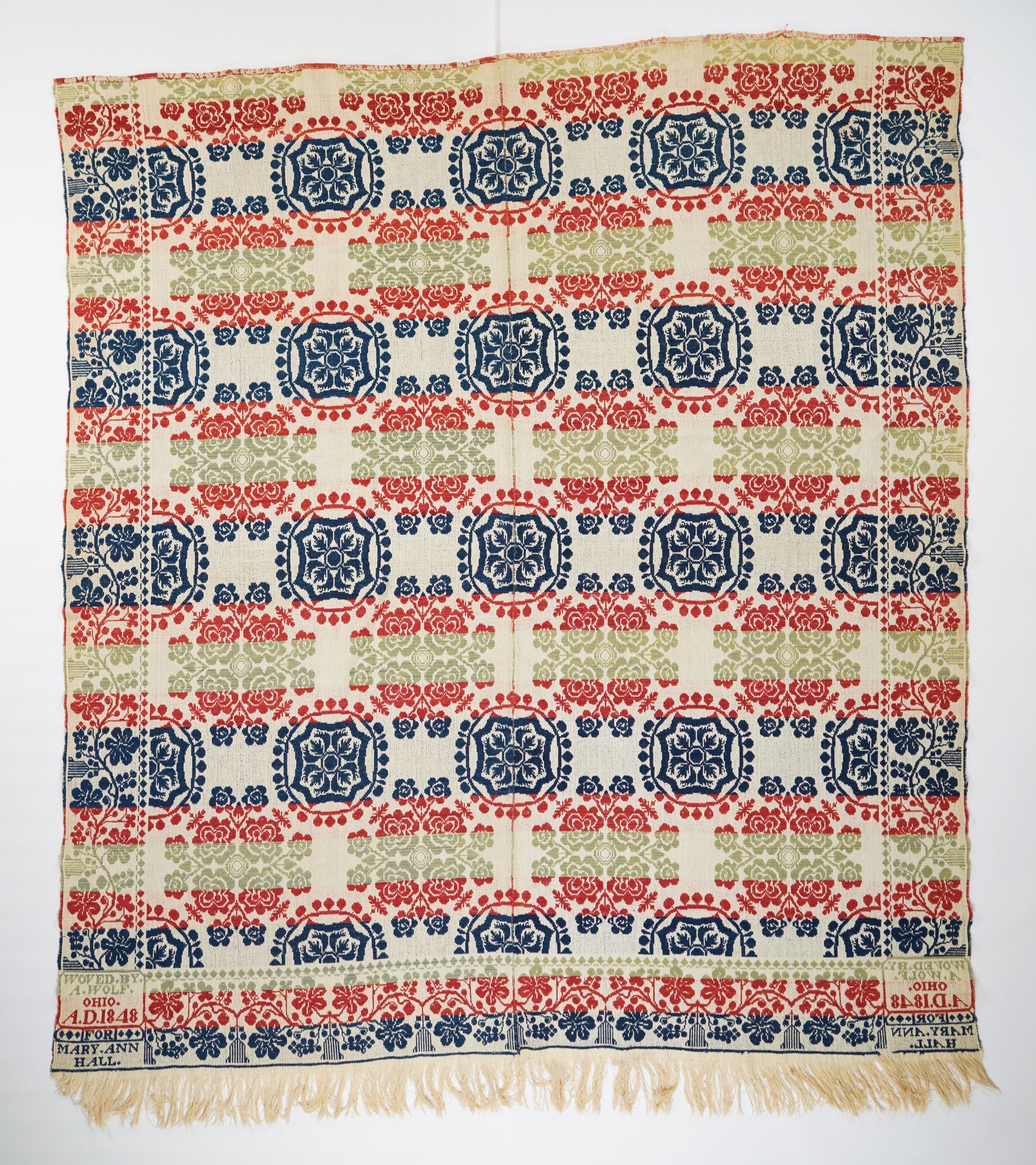 Ohio coverlet by Adam Wolf for Mary Ann Hall, 1848, tied beiderwand