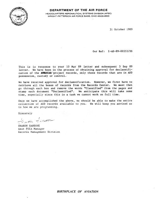 USAF letter - 31 October 1989