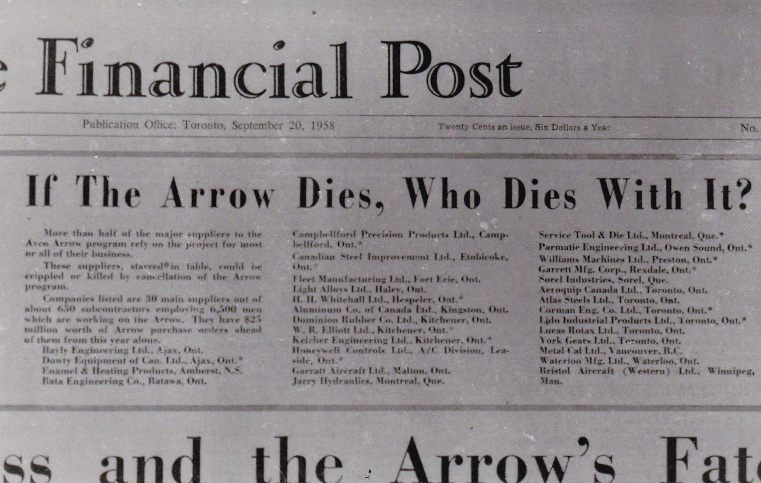 Sep 20, 1958 Financial Post, If Arrow Dies, Who dies with it?