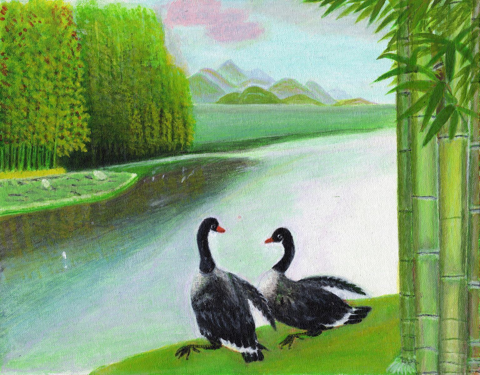 Zhi Ming Wu - Ducks by the Lake - Oak Center Towers