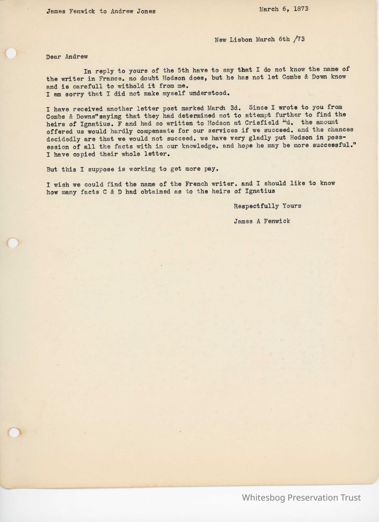 James Fenwick to Andrew Jones – March 6, 1873 – Whitesbog Preservation ...