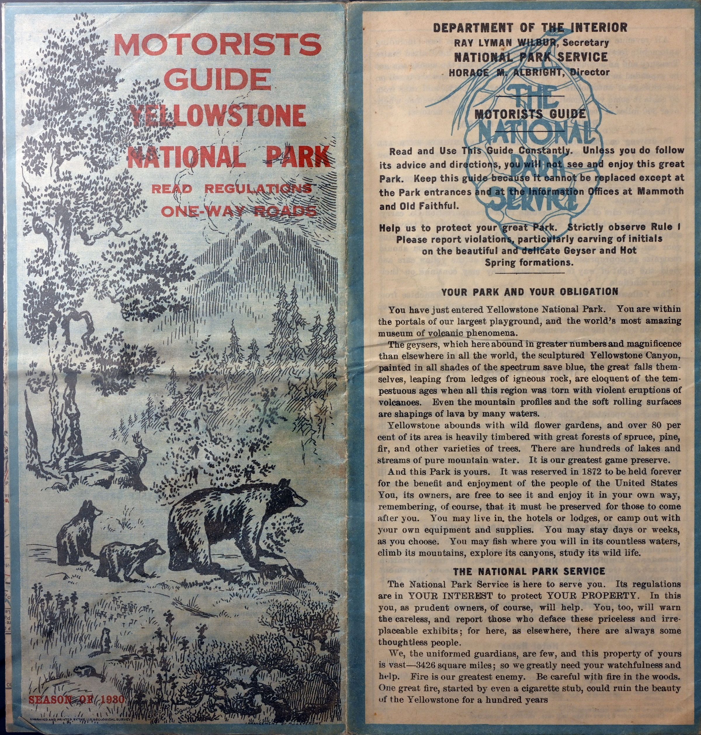1930 Bi-fold brochure Motorists Guide Yellowstone National Park Read ...