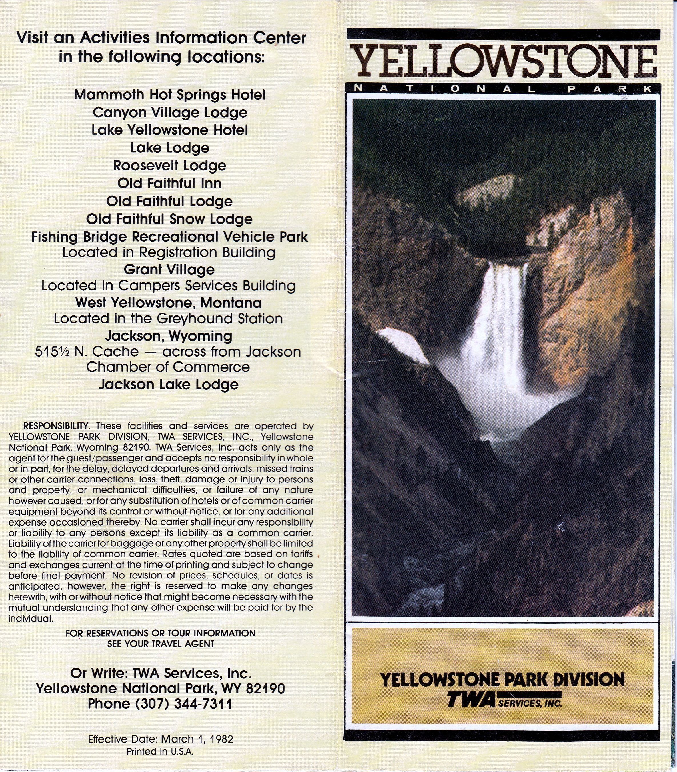 1982 Bi-fold brochure Yellowstone National Park, TWA Services