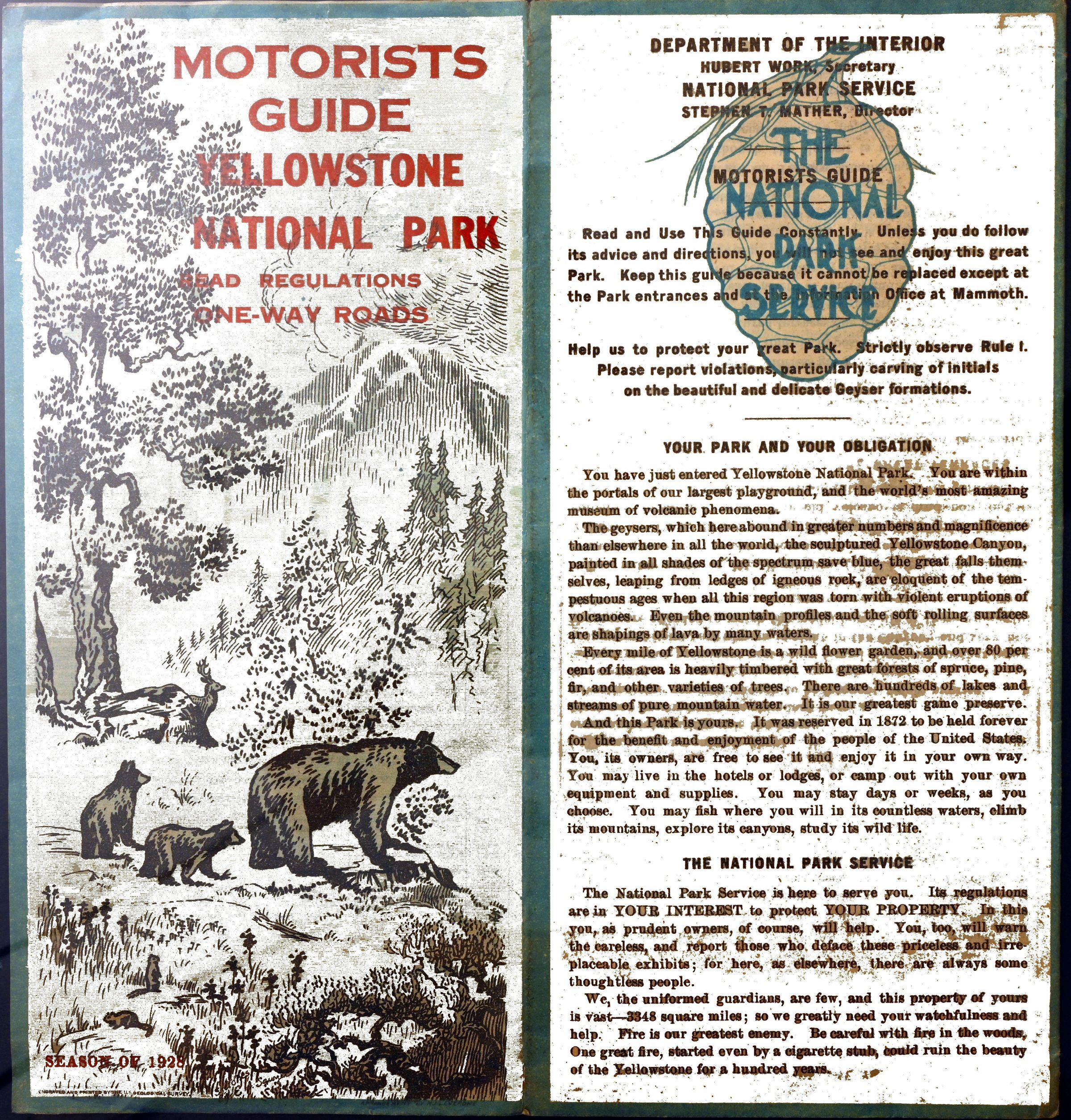1928 Bi-fold brochure Motorists Guide Yellowstone National Park Read ...