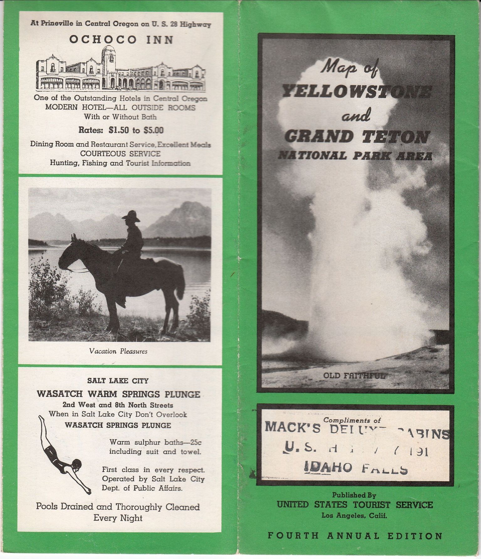 1941 circa Bi-fold brochure Map of Yellowstone and Grand Teton National ...
