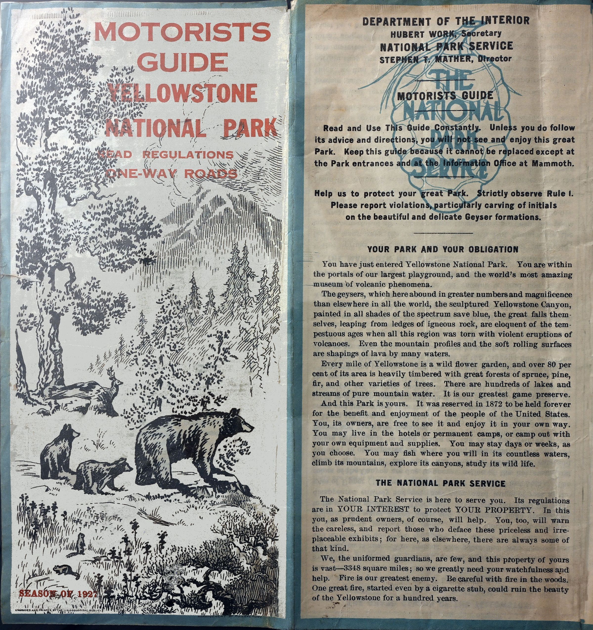 1927 Bi-fold brochure Motorists Guide Yellowstone National Park Read ...