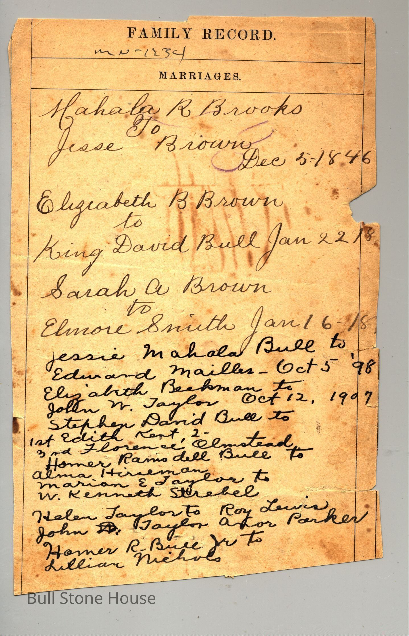 Bible Records - William Bull & Sarah Wells Stone House Association Inc