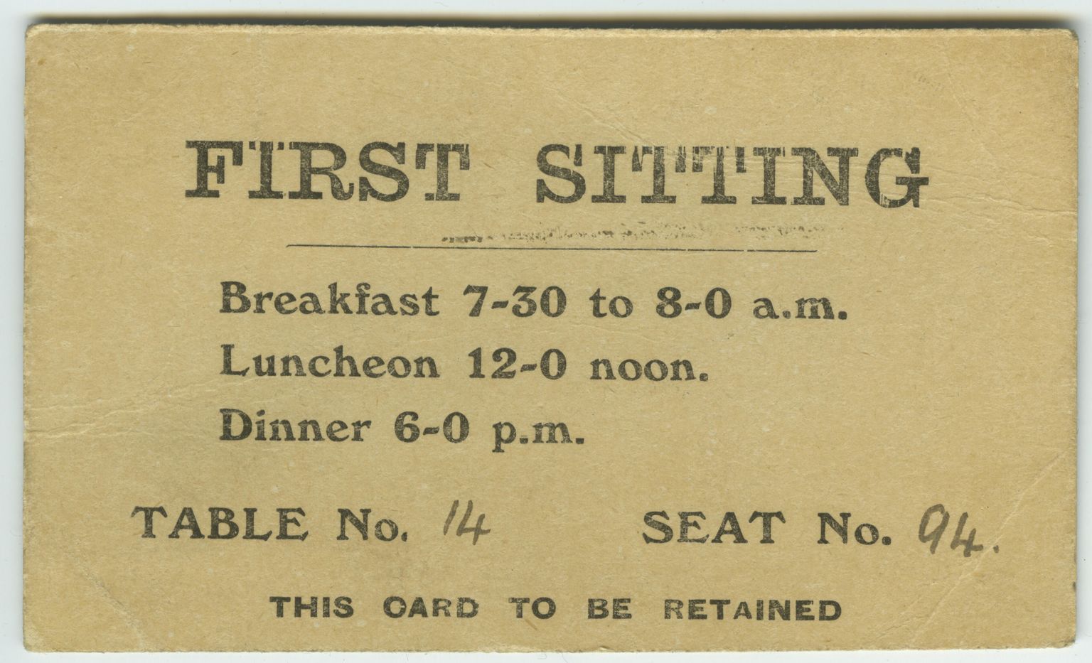 Dining Room Seating Ticket