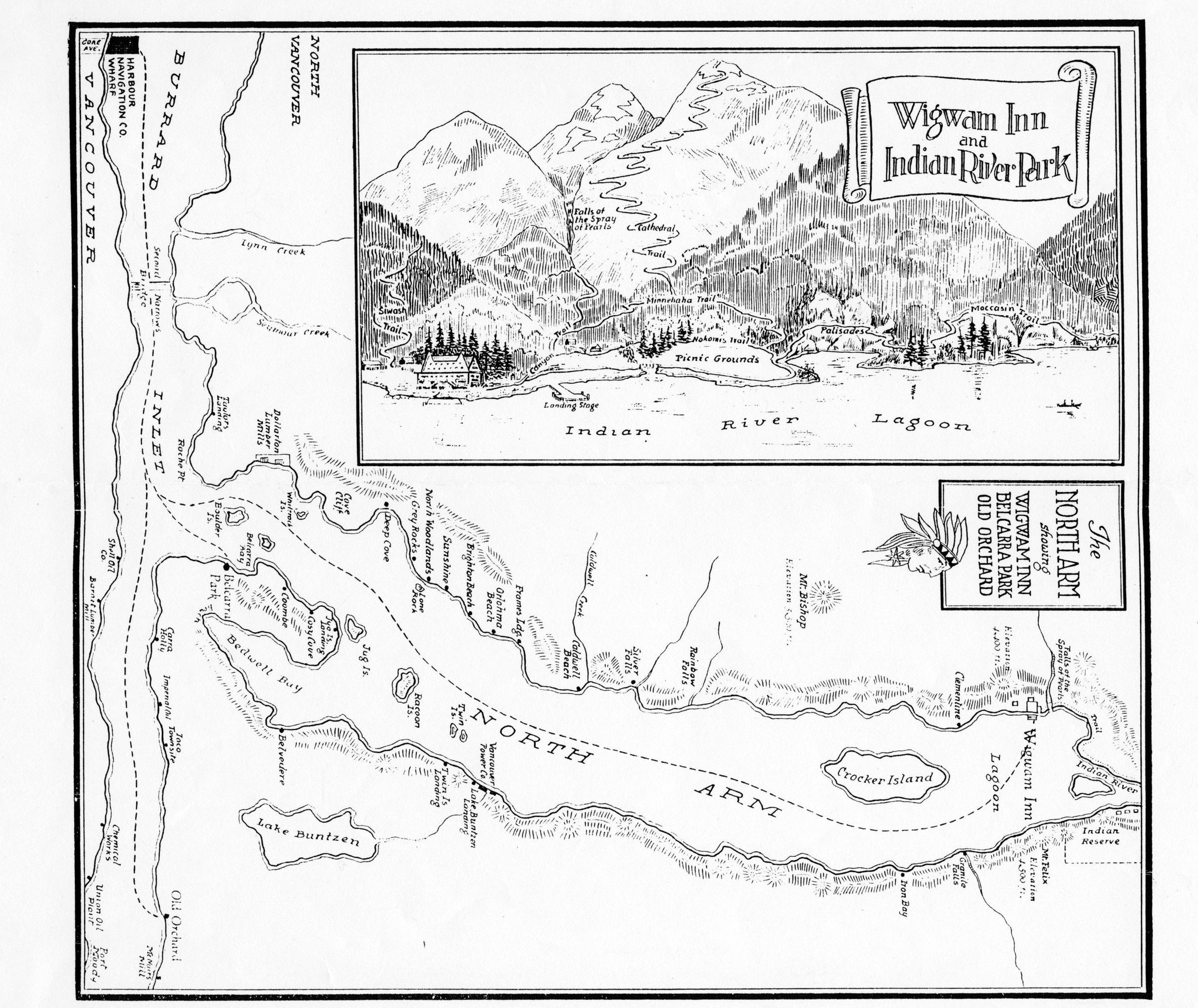 Indian Arm - Wigwam Inn & Indian River Park map- line drawing