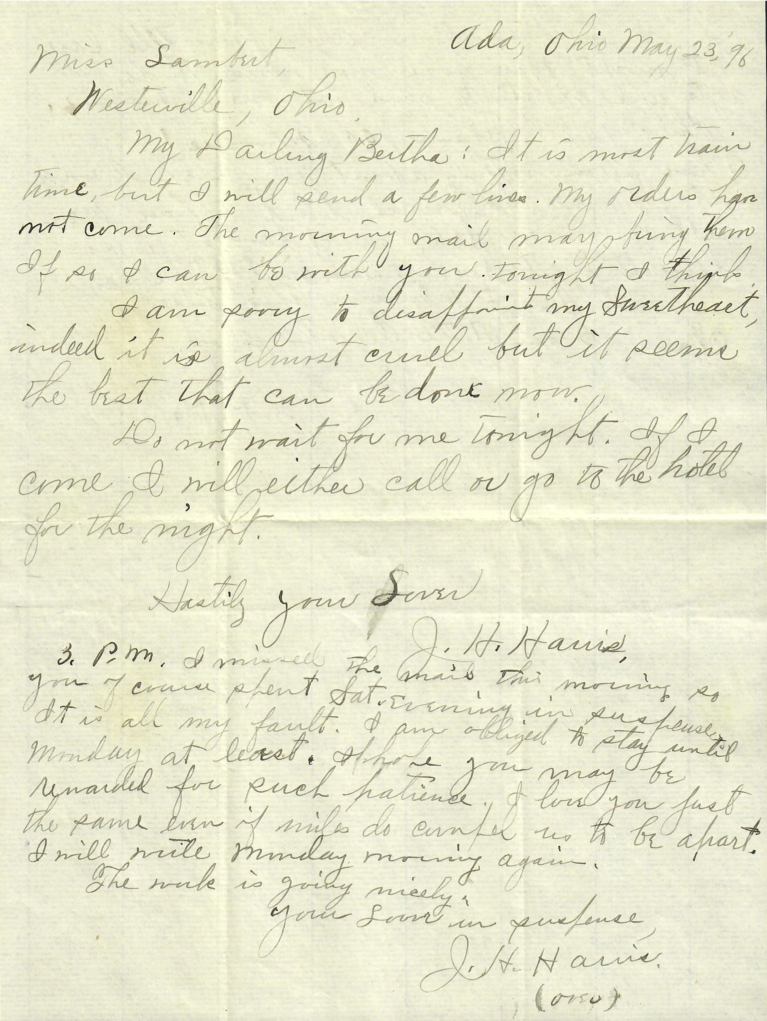 AU Harris, Joseph Hastings - 1896-05-23 letter to Bertha Elizabeth Lambert