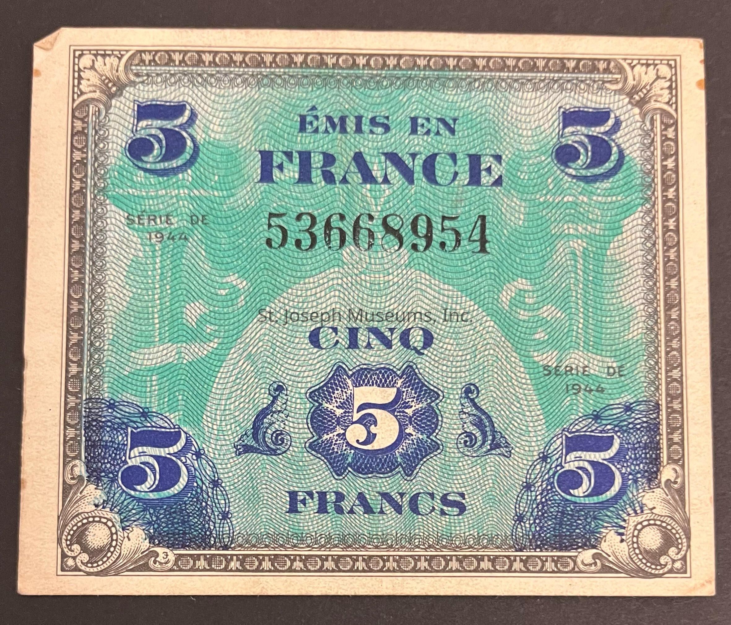 French five franc note, series of 1944