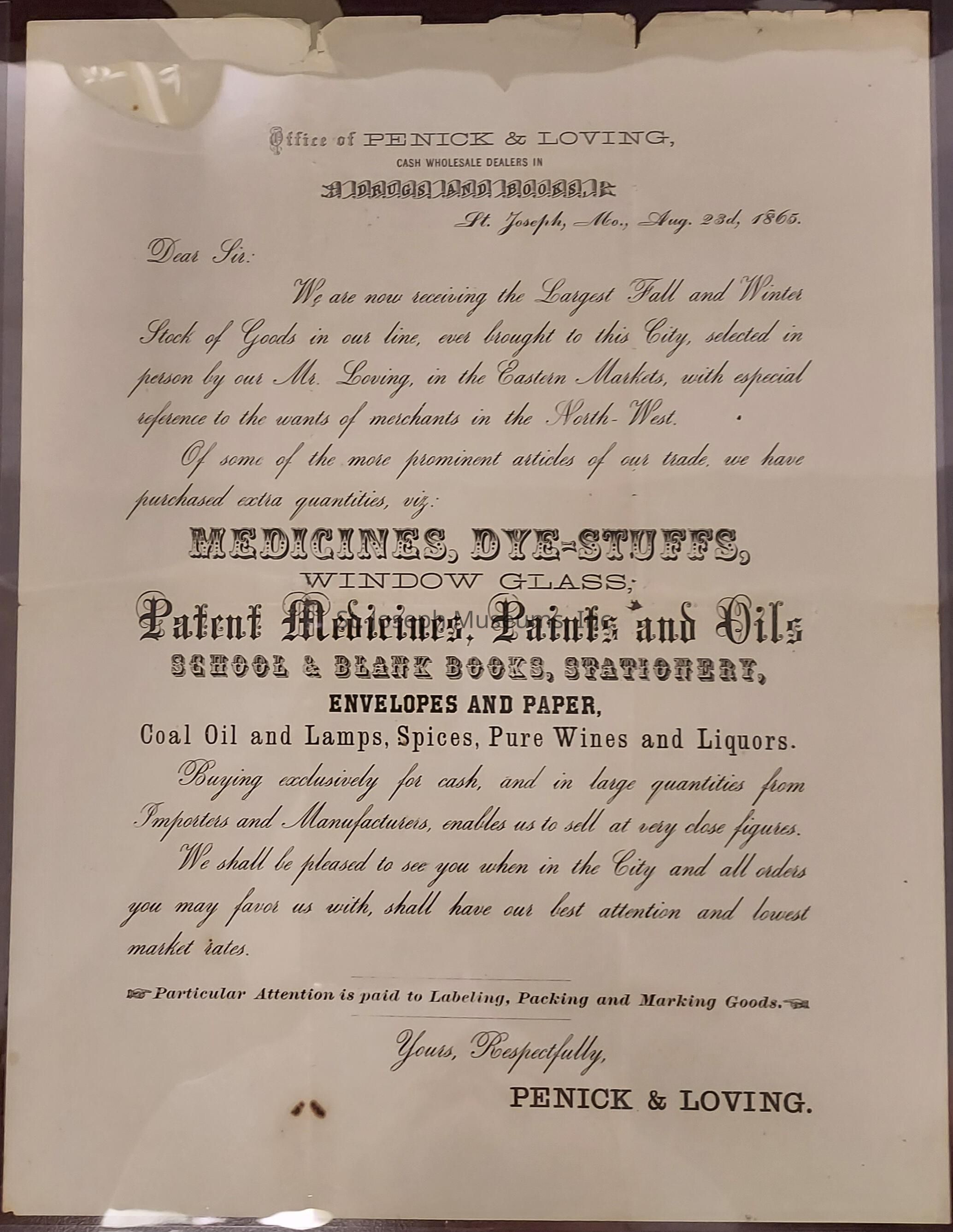 Penick And Loving Advertising Letter, 1865
