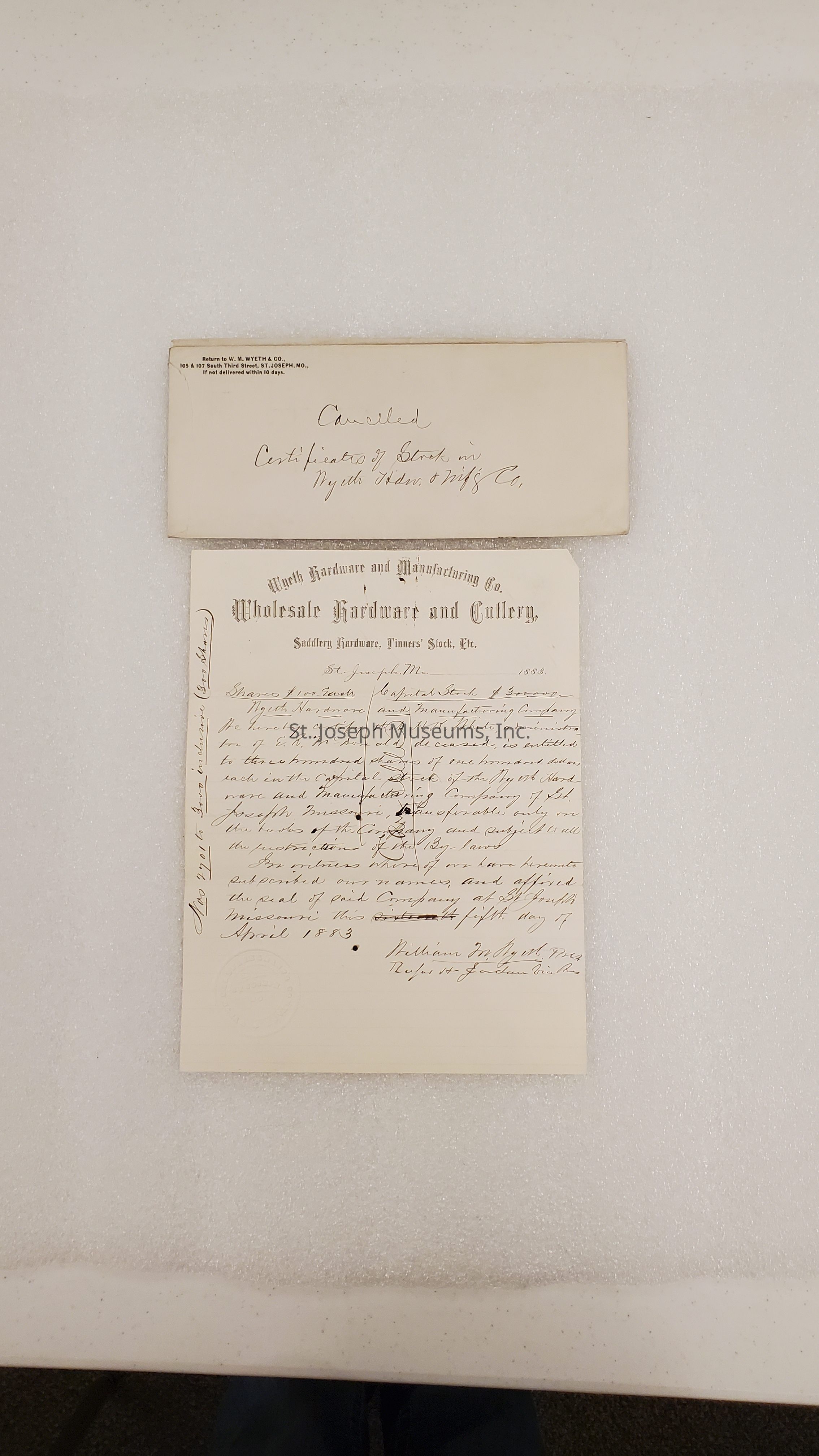 Wyeth Hardware & Manufacturing Co. Stock Certificates of Edwin R ...