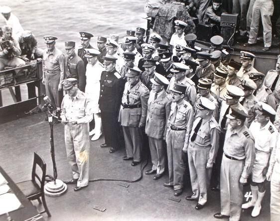 General MacArthur reads terms of surrender aboard USS Missouri
