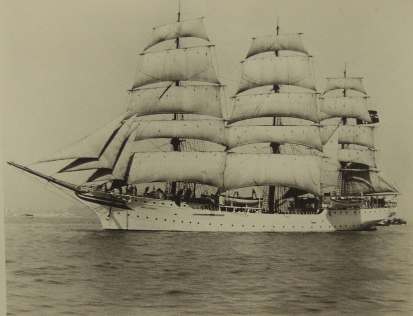 Sorlandet, Norwegian Three-Masted Ship full-rigged under sail off cost