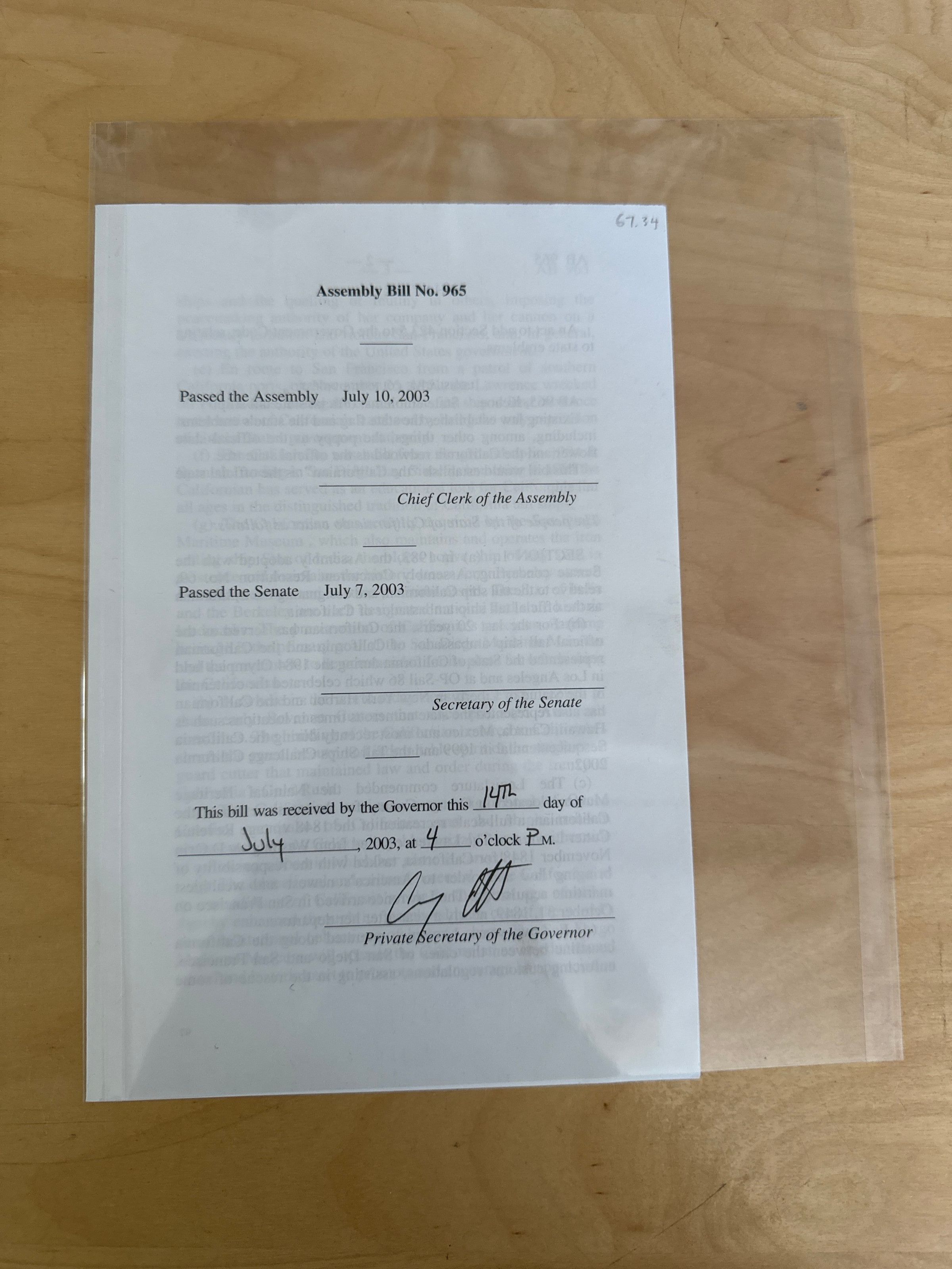 Assembly Bill No. 965, 2003, with handwritten note on back signed by ...