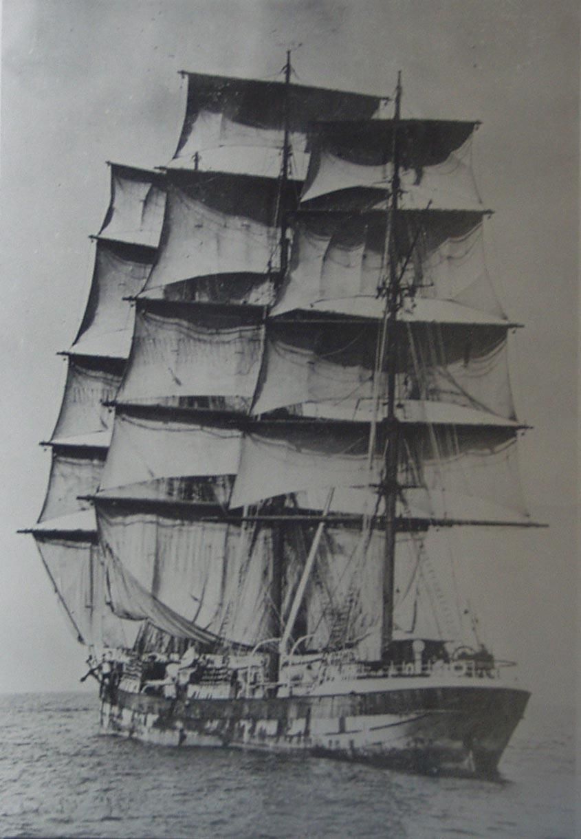 Unidentified Three-Masted Ship under sail stern view
