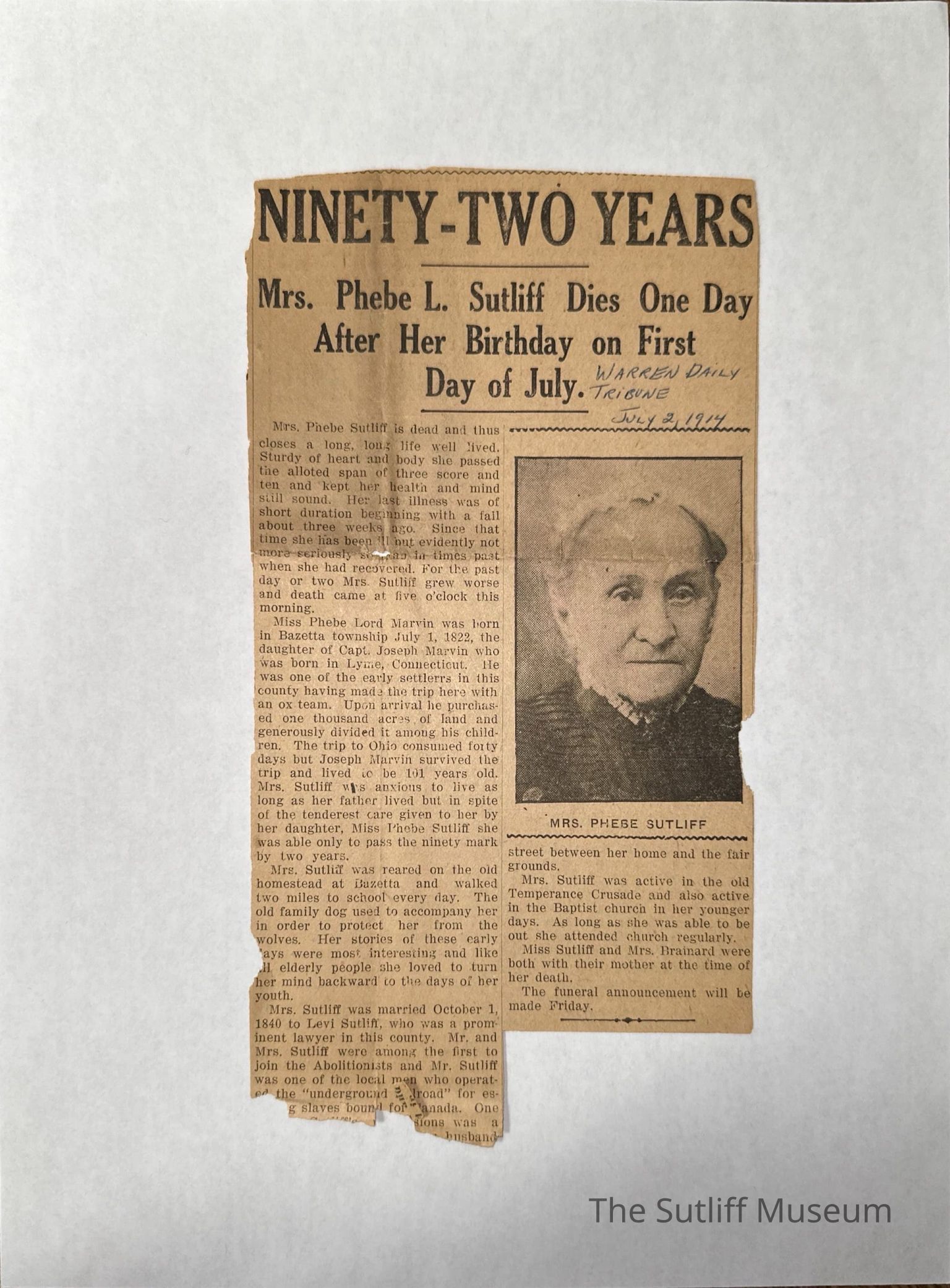 Phebe Marvin Sutliff Death Announcement