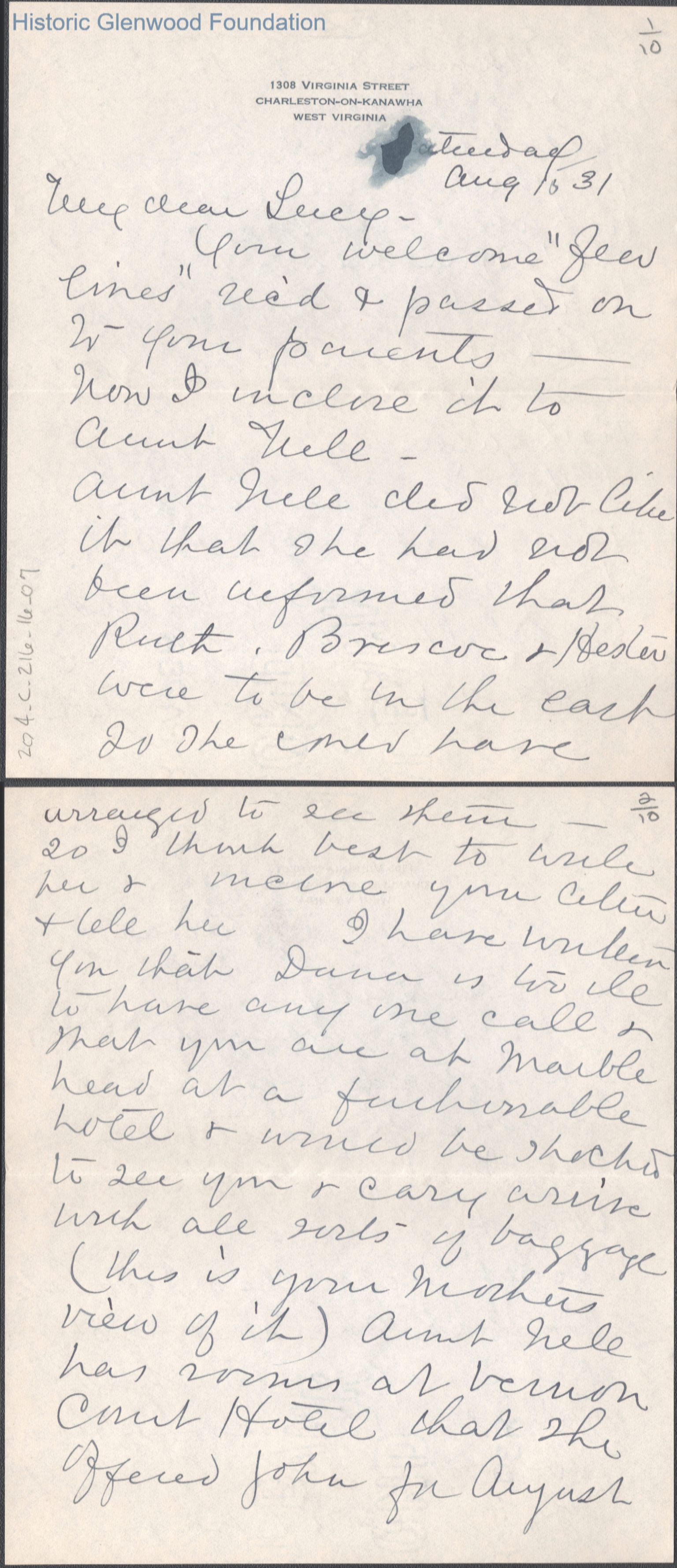 Lucy S. Quarrier from Lucy W. Summers, Aug 15, 1931
