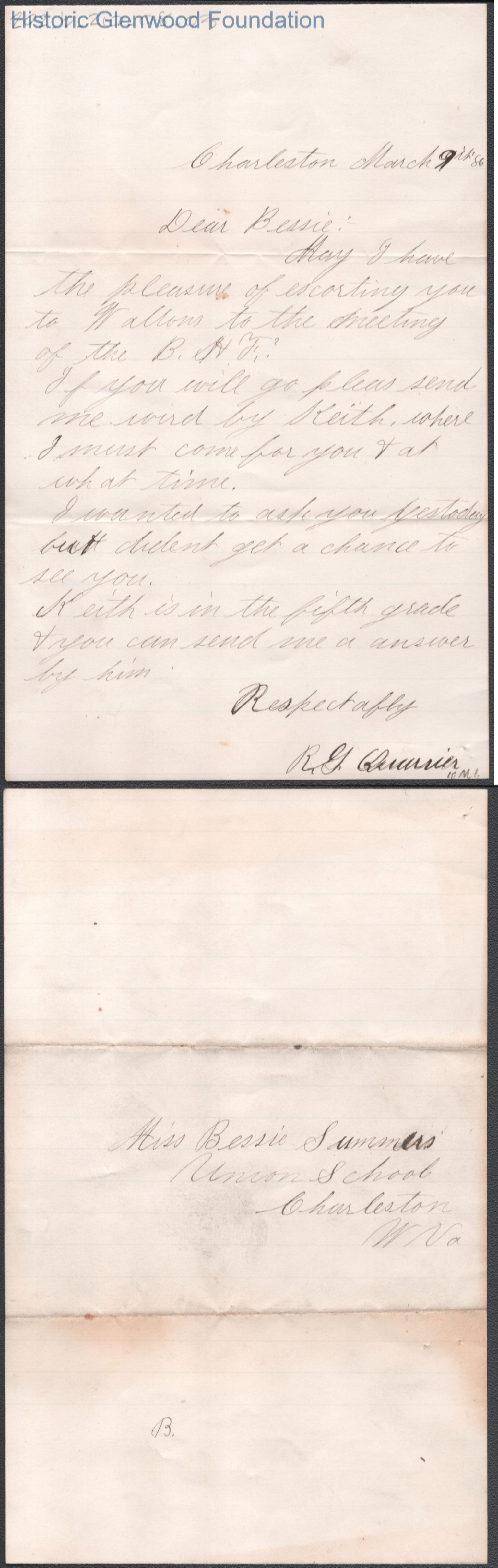 Elizabeth S. Quarrier from Russell G. Quarrier, Mar 9, 1886