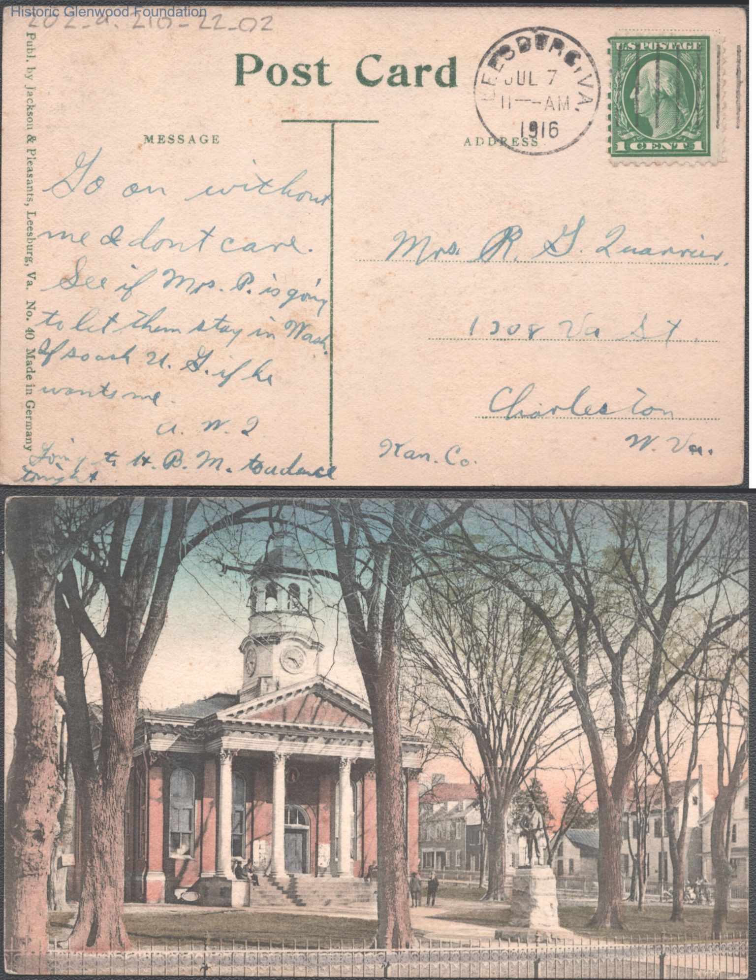 Postcard to Elizabeth S. Quarrier from Alexander W. Quarrier, Jul 7, 1916