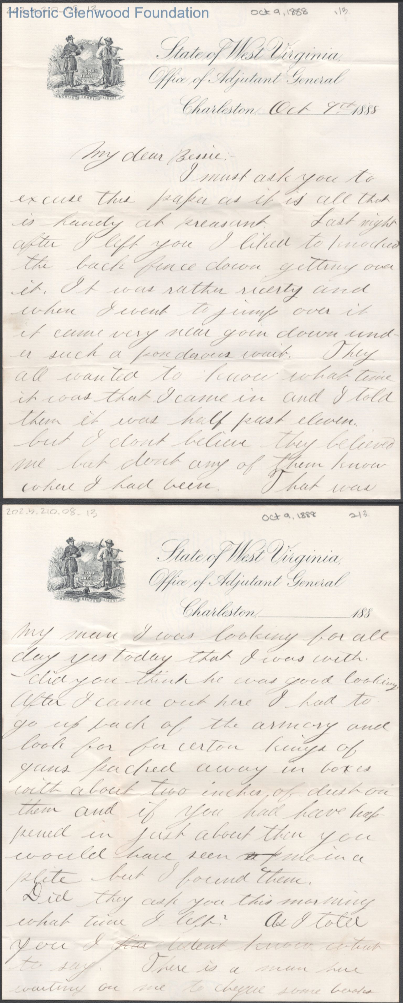Elizabeth S. Quarrier from Russell G. Quarrier, Oct 9, 1888