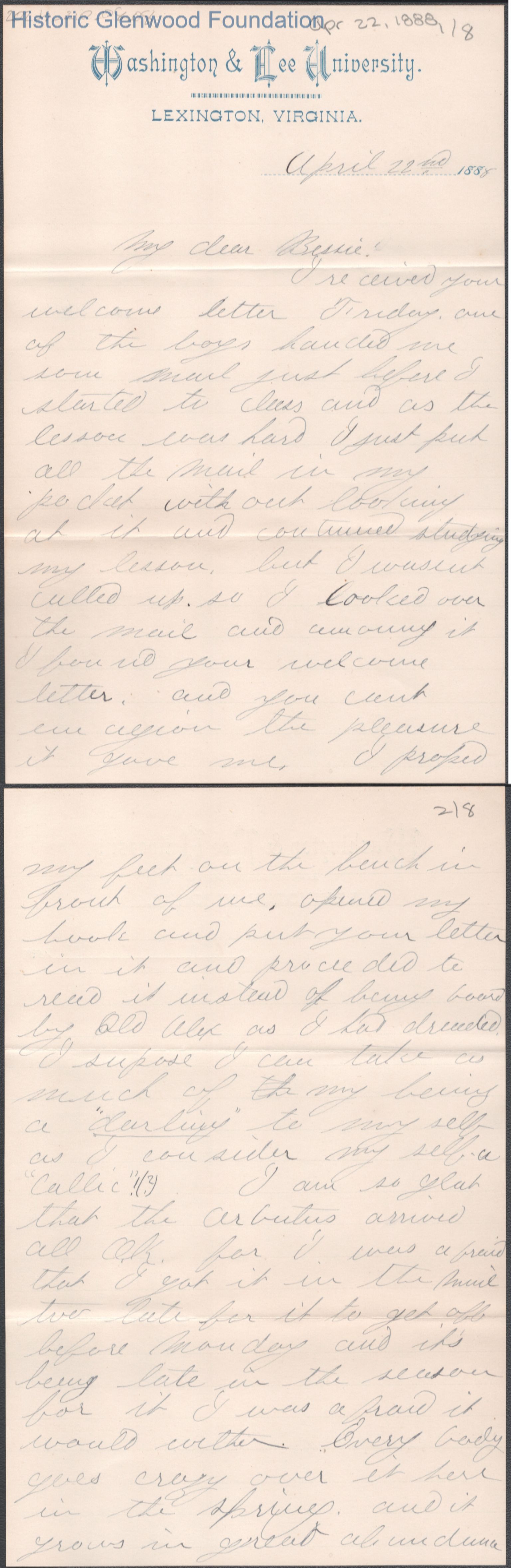 Elizabeth S. Quarrier from Russell G. Quarrier, Apr 22, 1888