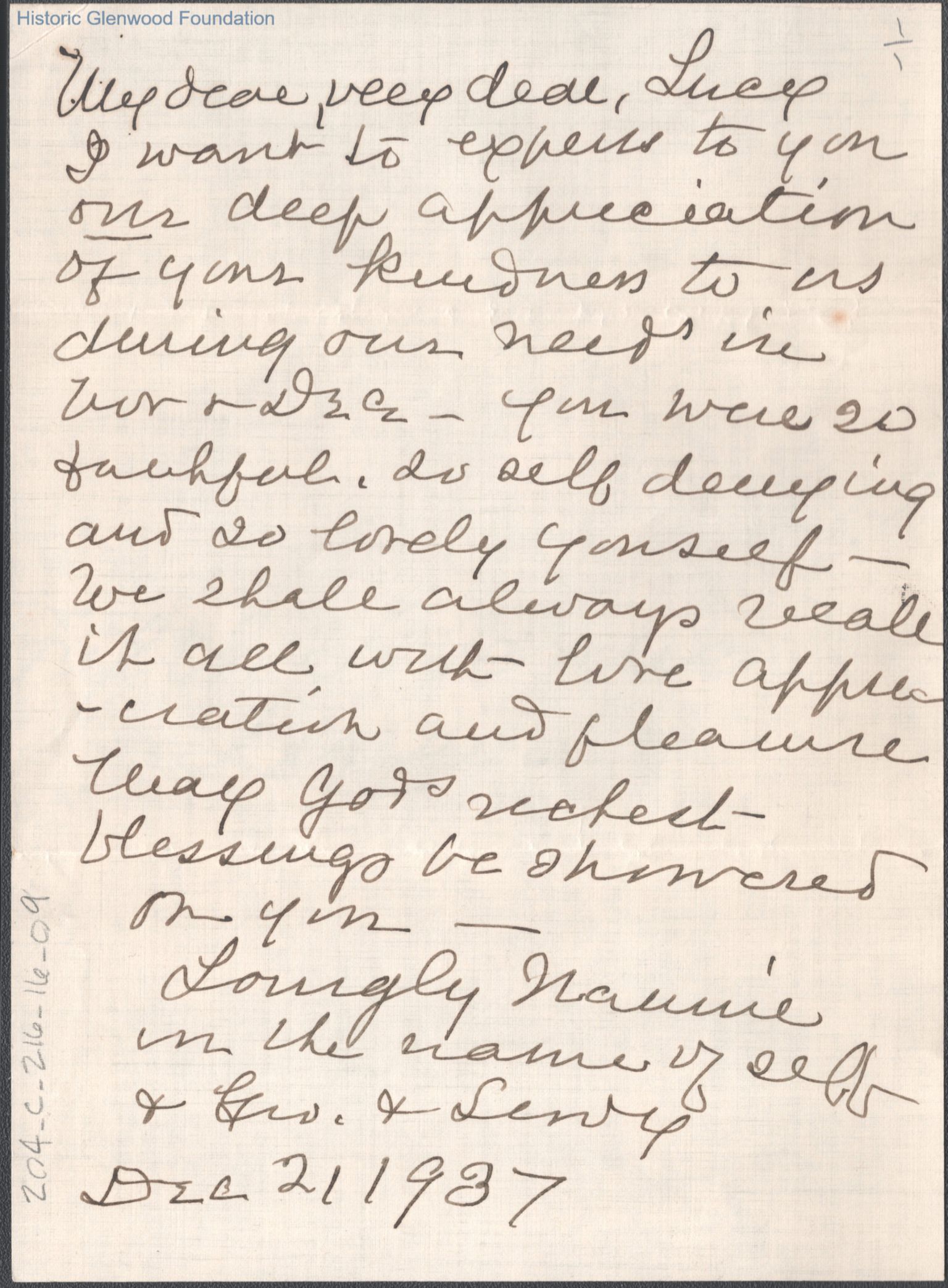 Lucy S. Quarrier from Lucy W. Summers, Dec 21, 1937