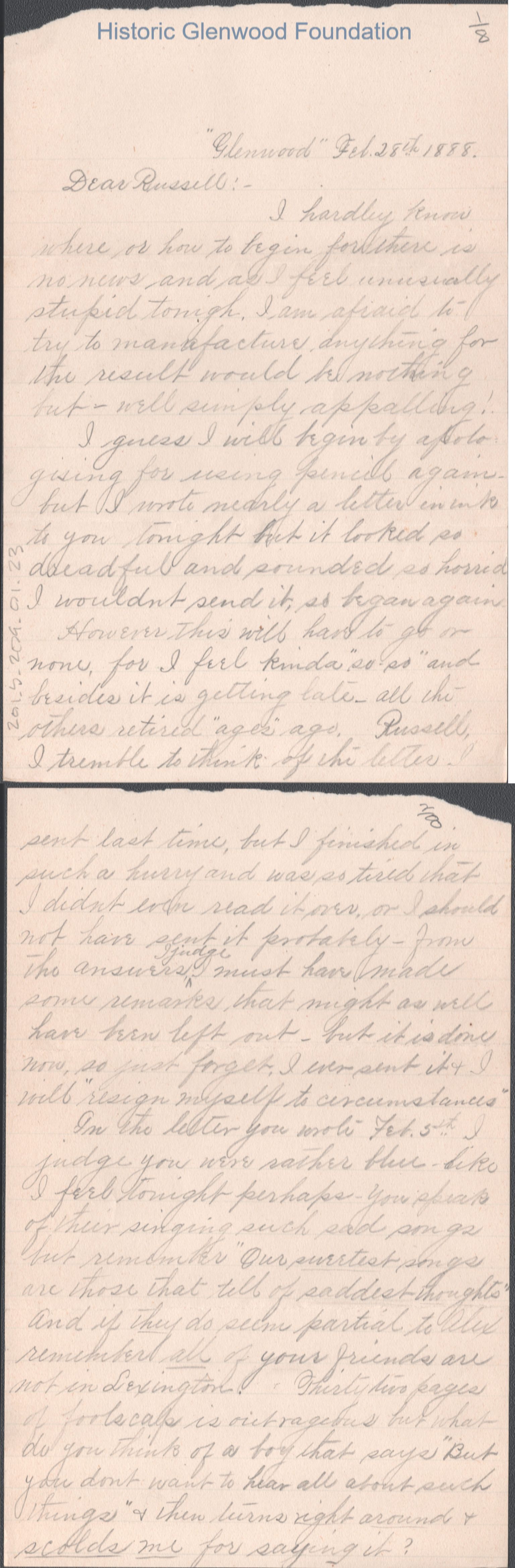 Russell G. Quarrier from Elizabeth S. Quarrier, Feb 28, 1888
