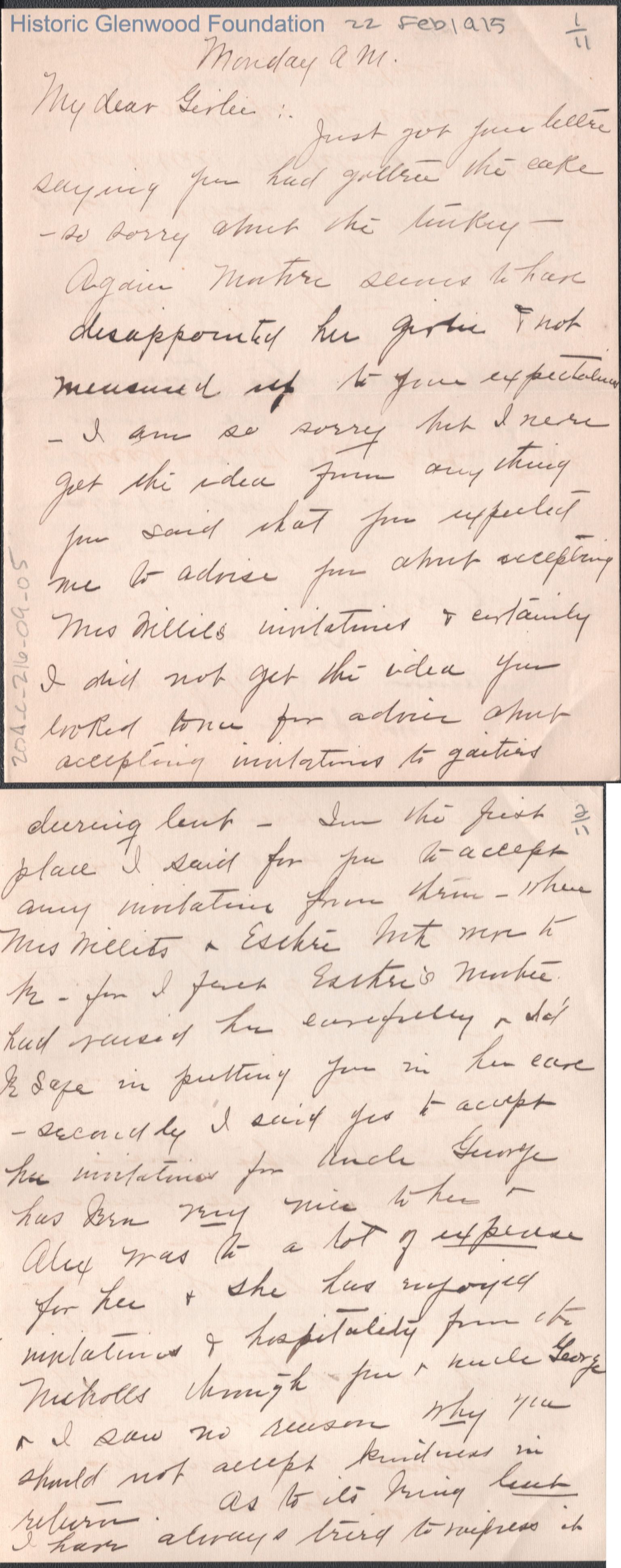 Lucy S. Quarrier from Elizabeth S. Quarrier, Feb 22, 1915