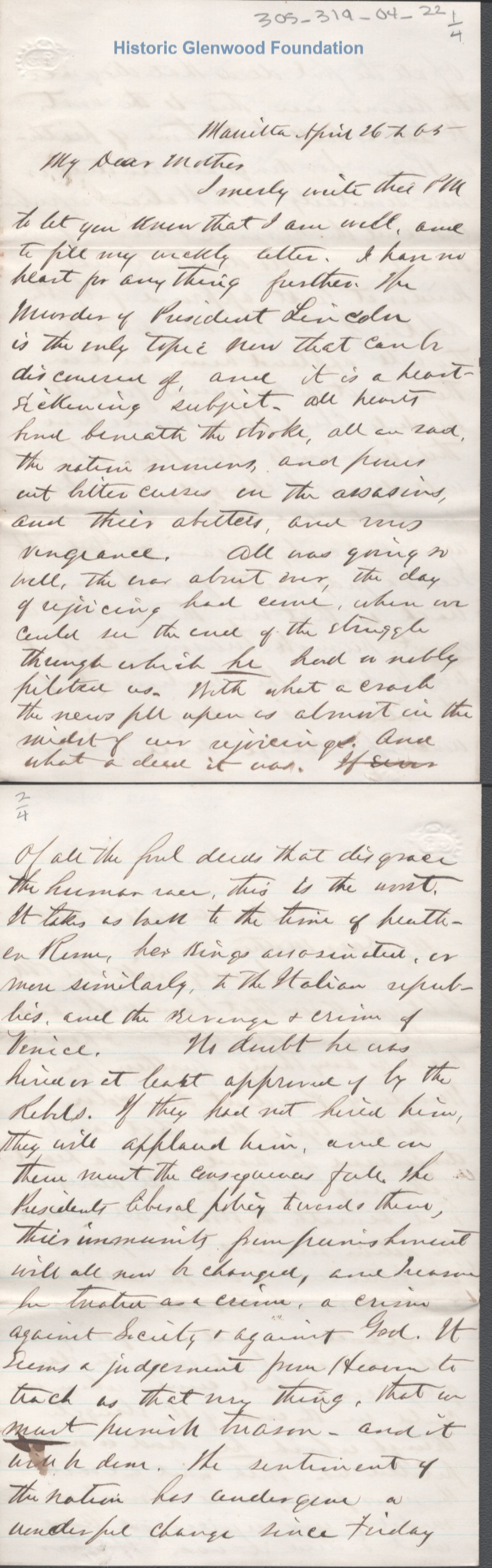 Amacetta Laidley Summers from Lewis Summers, Apr 26, 1865