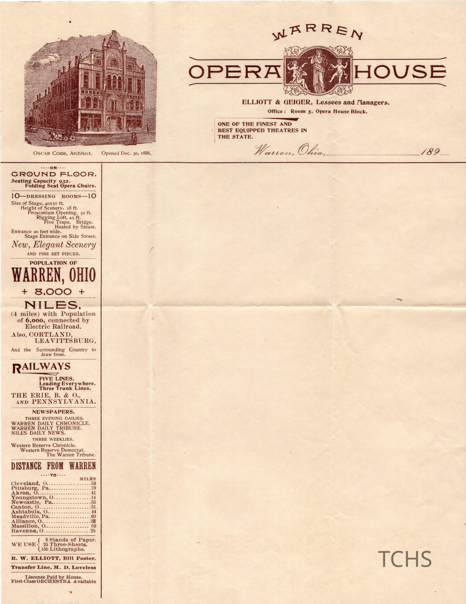 Warren Opera House stationary, 1890's